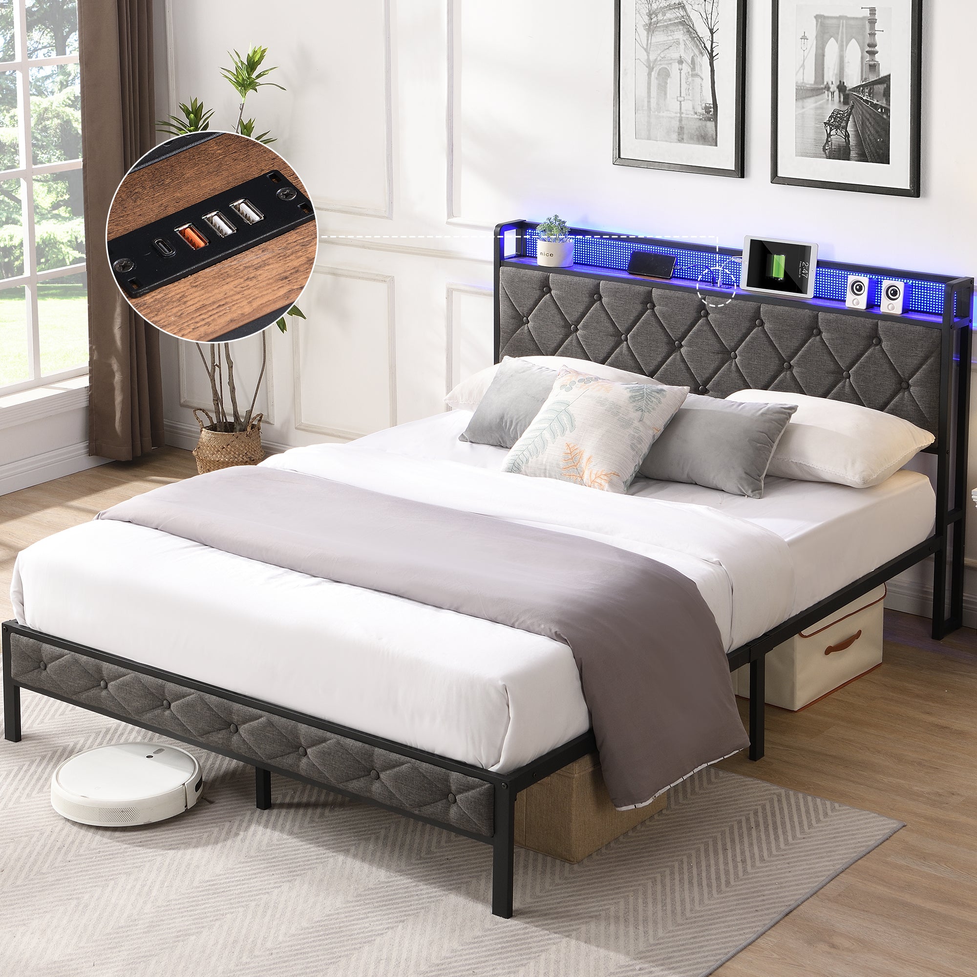 Queen bed with storage and headboard store